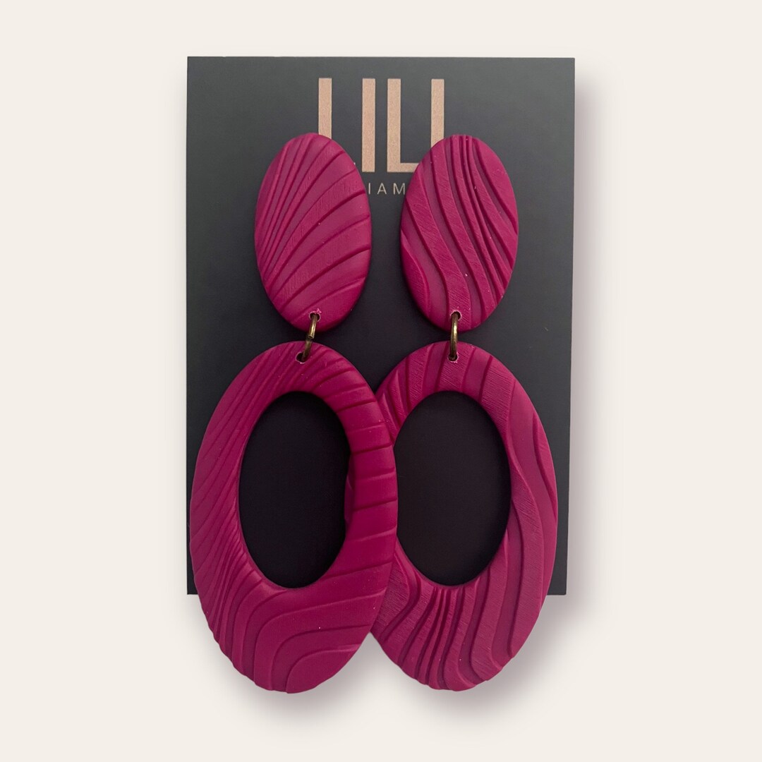 Oval Magenta Drop Statement Earrings Handmade From Polymer - Etsy