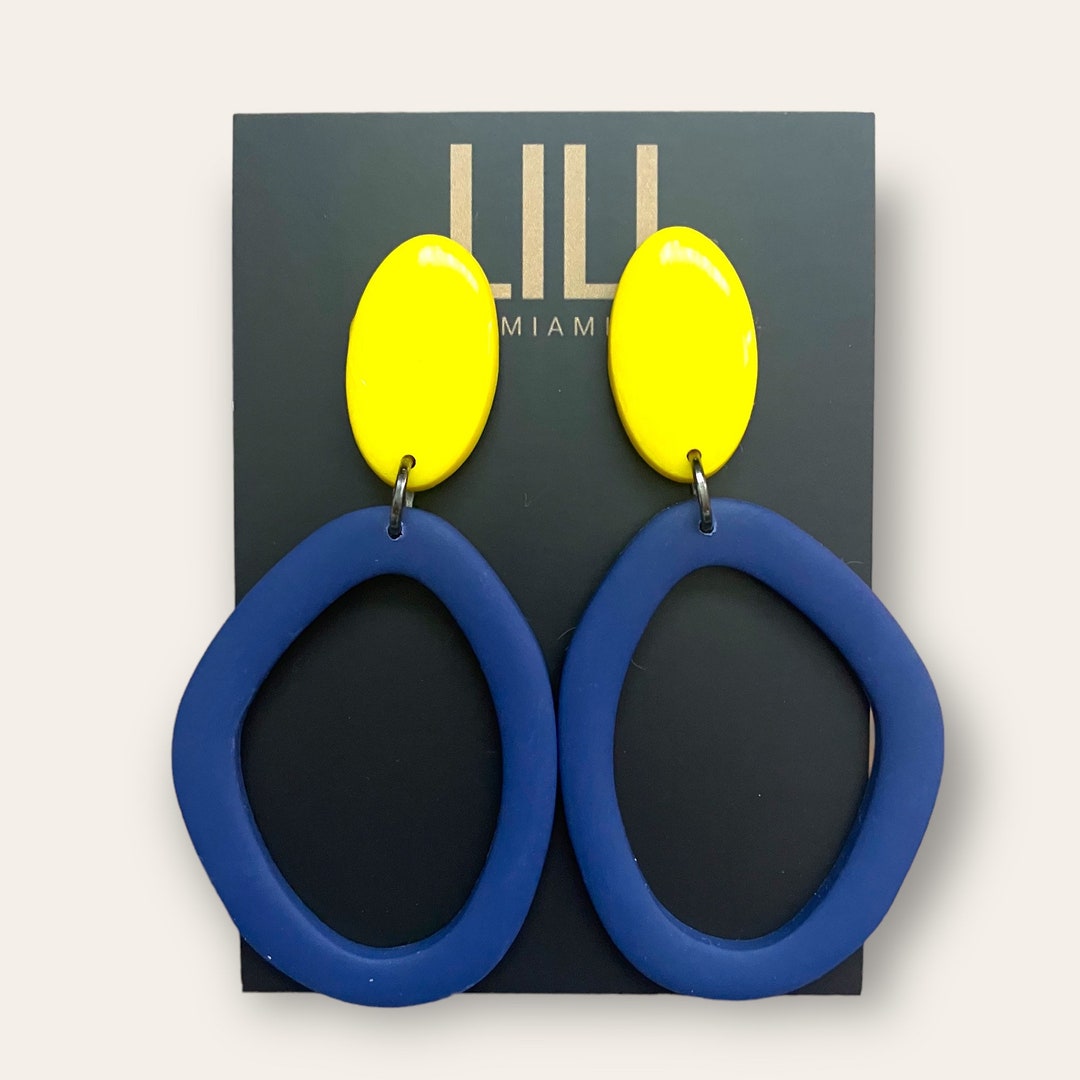 Yellow and Navy Blue Organic Shape Hoops, Lightweight, Made From ...