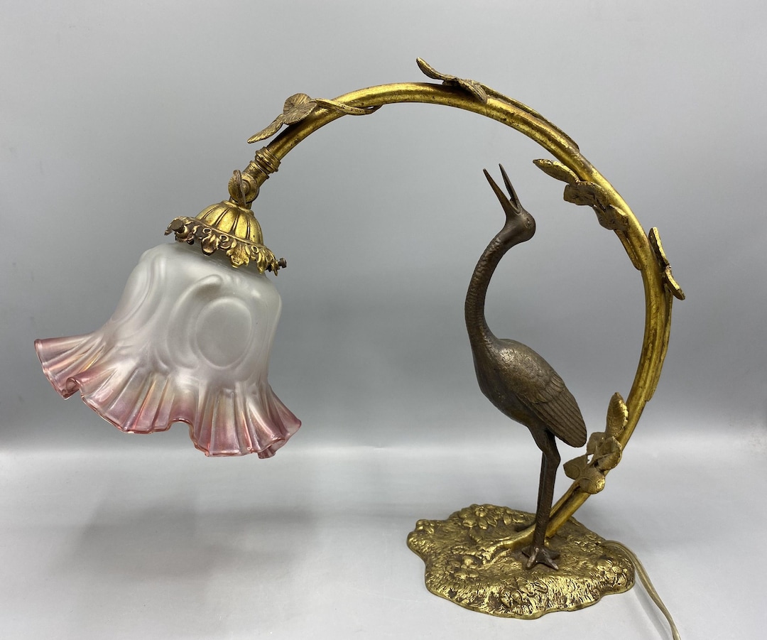 Antique Art Nouveau Table Lamp – Crane & Flower Arch - Etsy