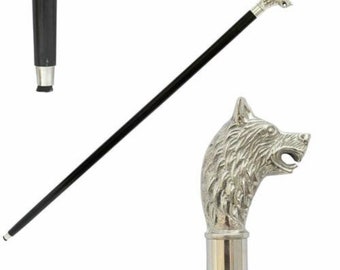 Handmade WOLF HEAD Brass Handle Walking Stick Design Vintage | Etsy