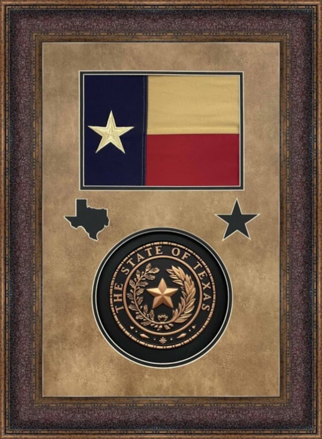 Framed Texas Flag and Texas State Seal Shadowbox | Real Cotton Cloth ...