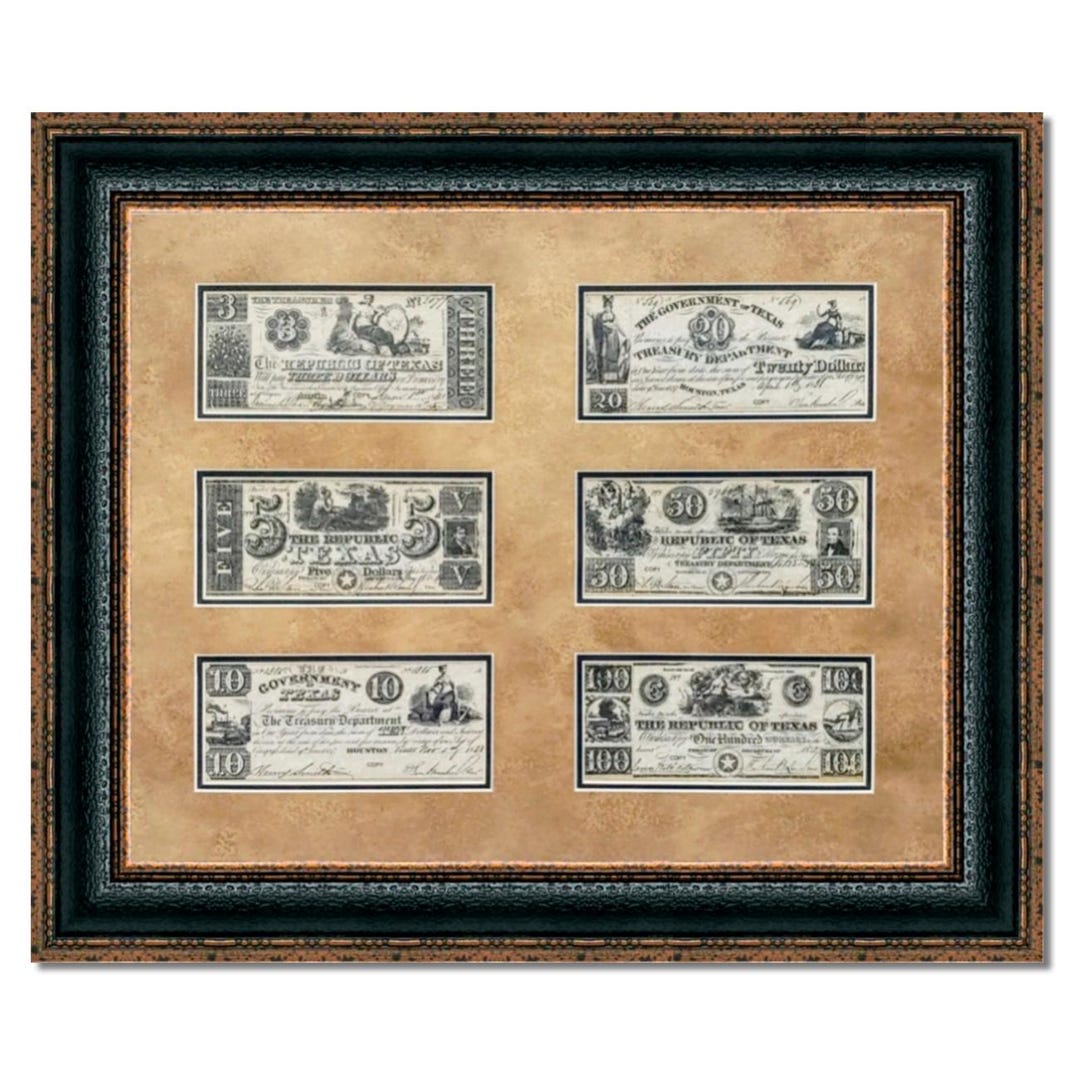 Framed Republic of Texas Replica Currency 6 Bills Historic Aged ...