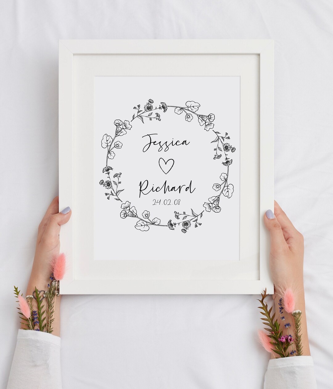 Couples Name Print Floral Border Wreath Valentines Wedding - Etsy
