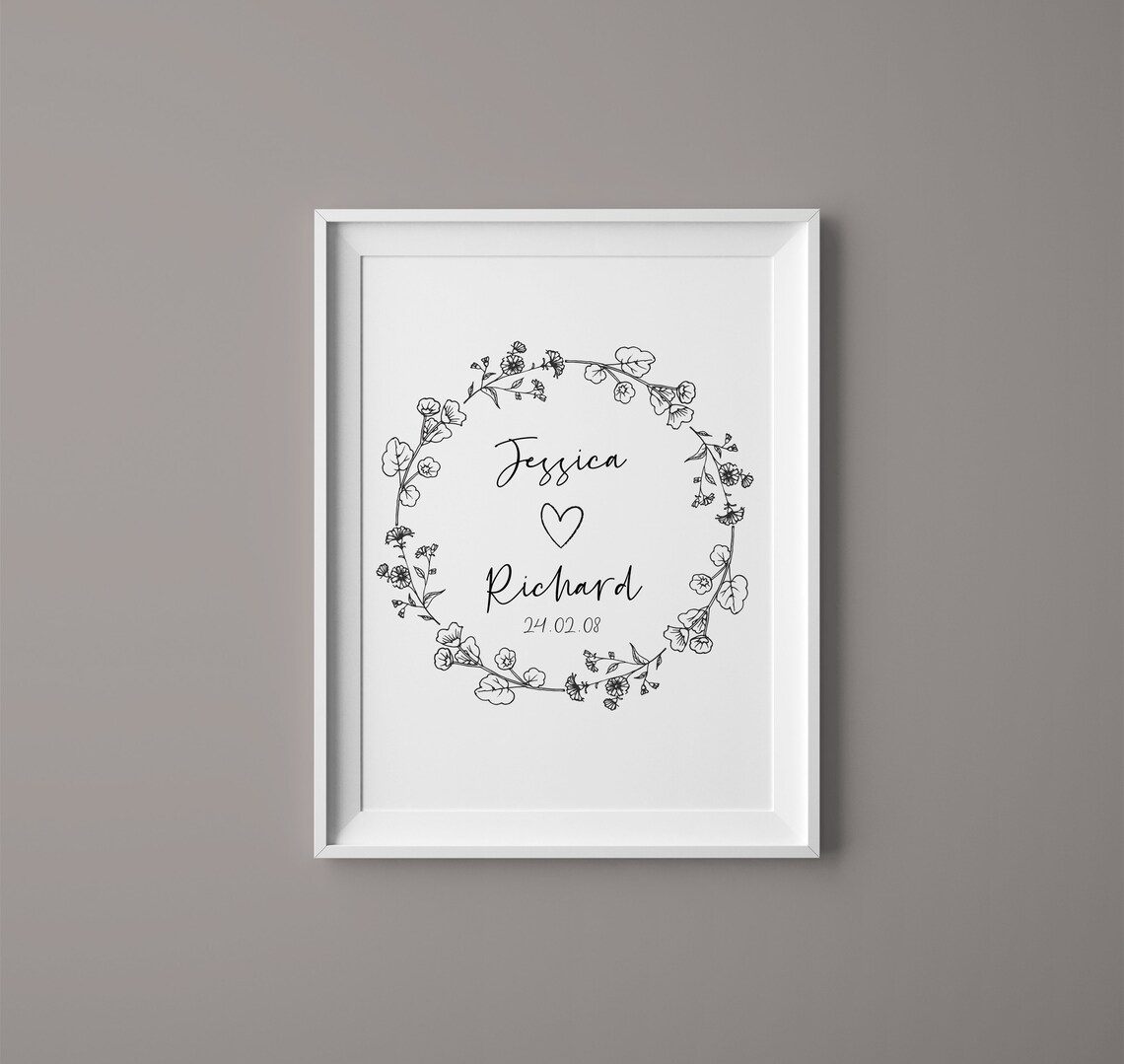 Couples Name Print Floral Border Wreath Valentines Wedding | Etsy