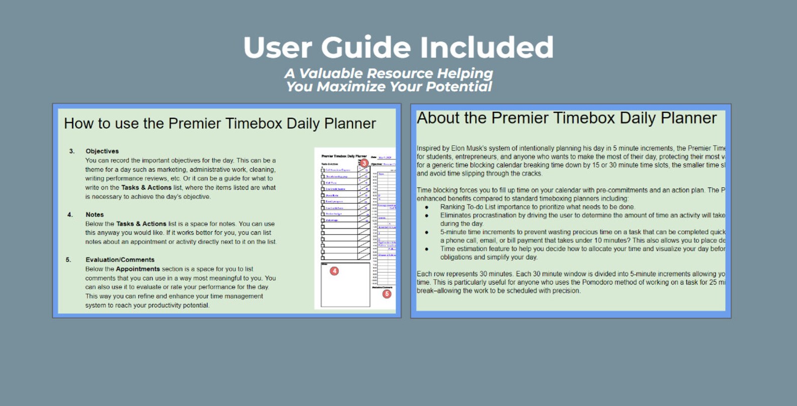 Printable Daily Timeboxing Calendar With 5 Minute Intervals, Inspired by Elon Musk. User Guide ...