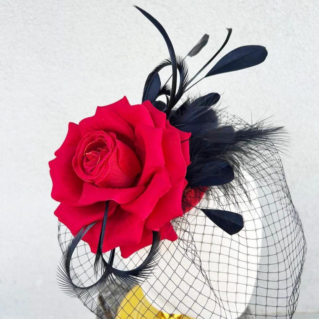 Red Rose Fascinator Flower Kentucky Derby Veil Hat Wedding Headpiece ...