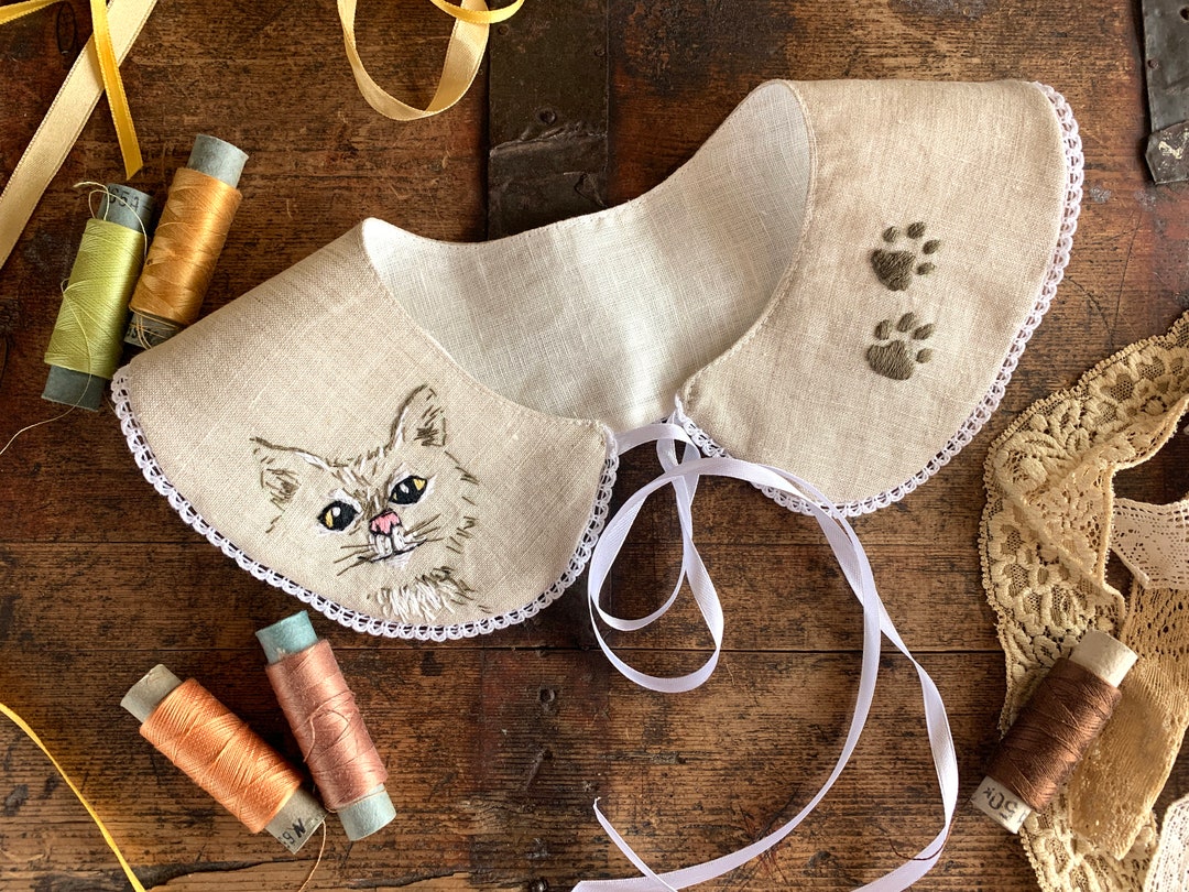 Removable Fake Collar Peter Pan Collar Linen Embroidered Cat Face ...