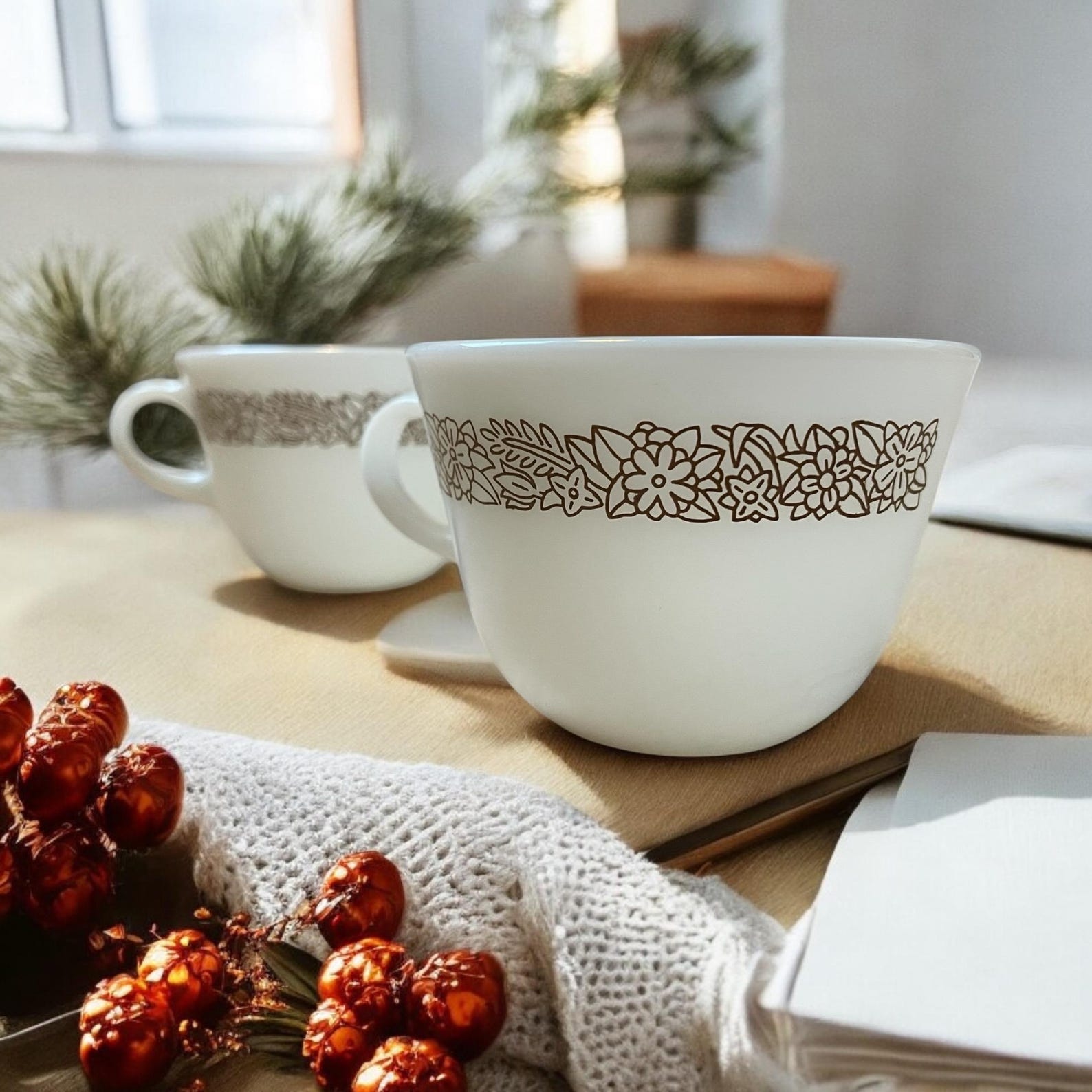 Vintage Pyrex Milk Glass Coffee Cups /set of 2 / Mug / Woodland Brown ...