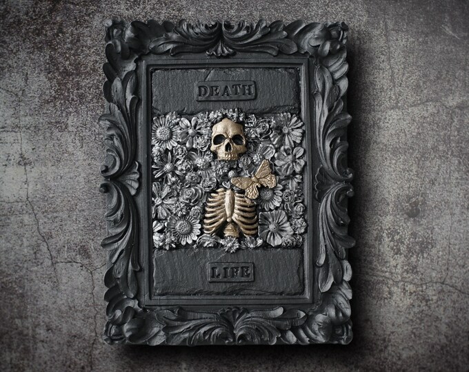 Skeleton Wall Art, Macabre Sculpture, Gothic Home Decor, Black Gold ...