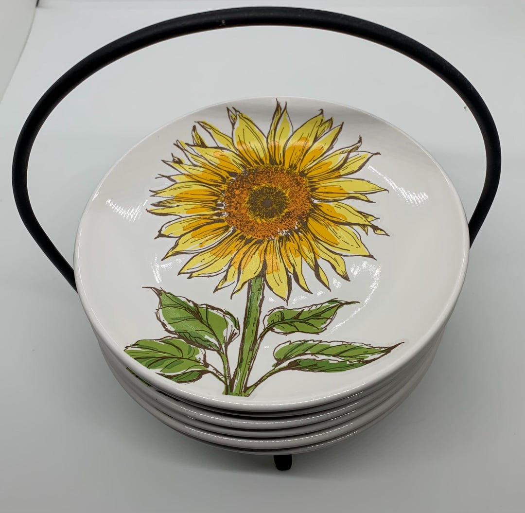 Set of 6 Vintage Sunflower Signature Housewares Stoneware 6" Dessert ...