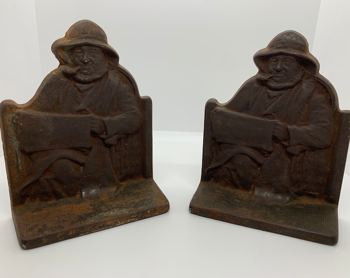 Antique 1928 Hubley Style Cast Iron Bookends Vintage Cape Cod Fisherman ...