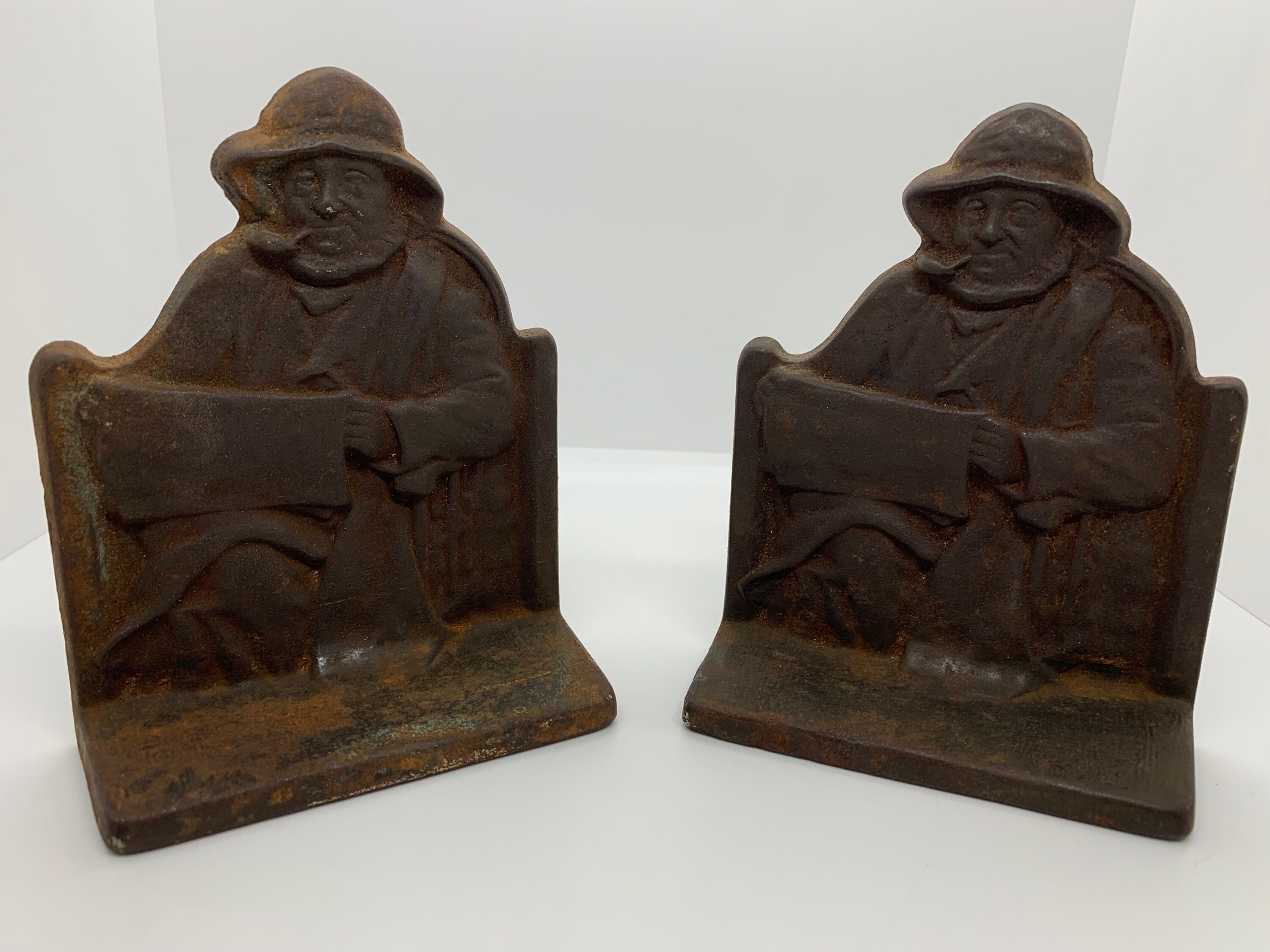 Antique 1928 Hubley Style Cast Iron Bookends Vintage Cape Cod Fisherman ...