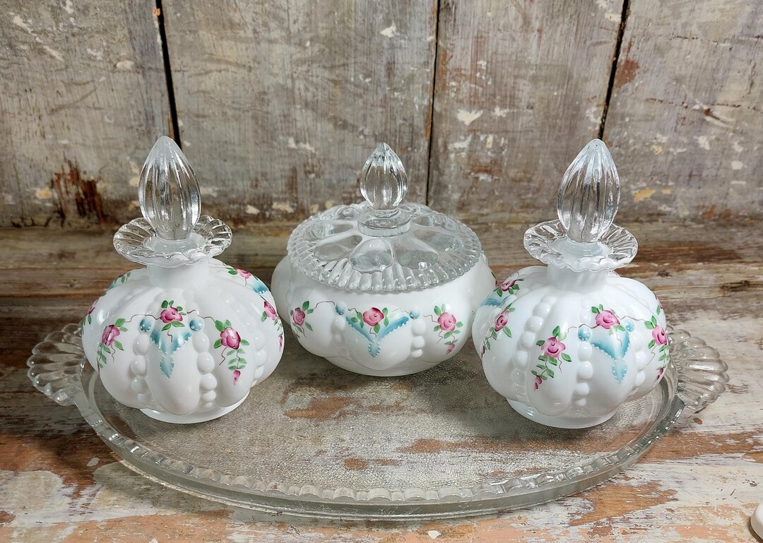 Fenton Vanity Set Powder Box. Two Perfume Bottles and One Glass Tray ...