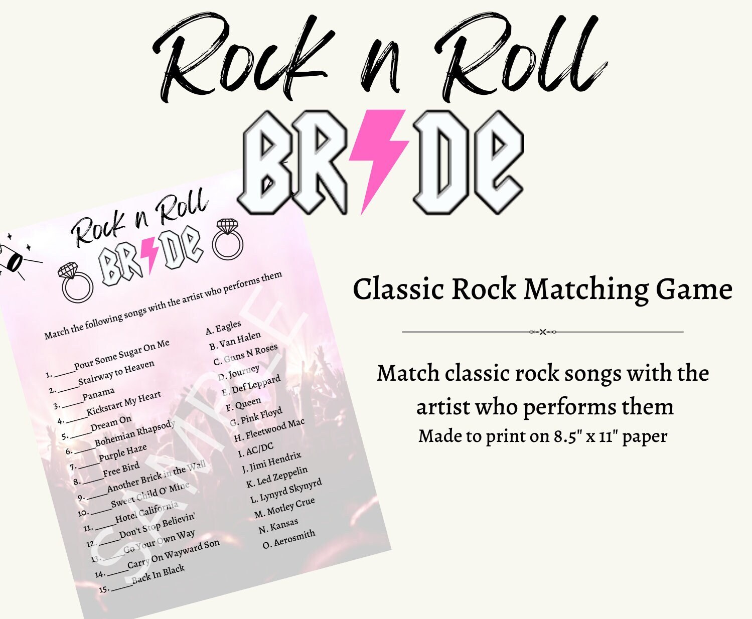 Rock and Roll Bridal Shower Classic Rock Themed Game - Custom Music ...