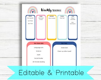 DAILY Schedule Template for Kids, Rainbow, Daily Routine Planner ...