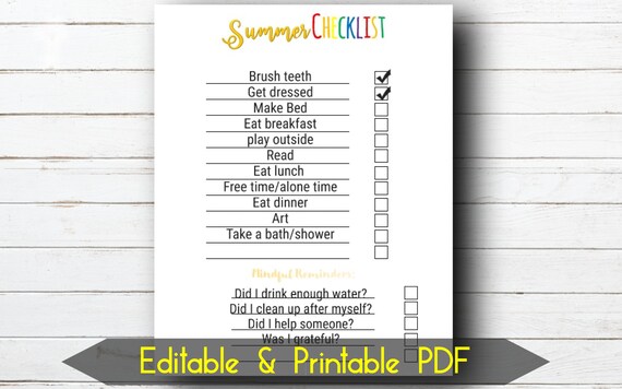 Kids Summer Chart Editable Kids Summer Checklist - Etsy