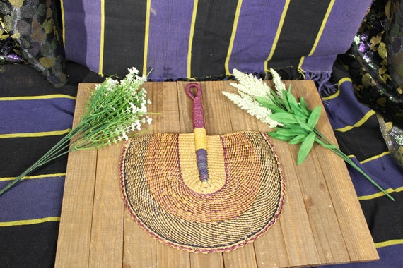 African Ghanaian Woven Multicolor Grass Fans Lot of 2… - Gem