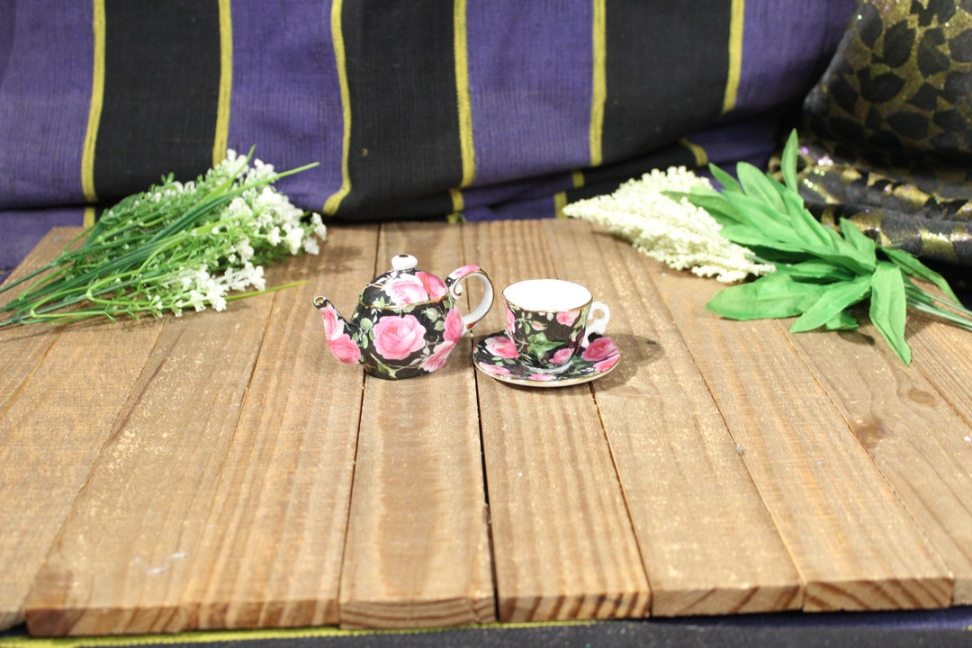 Ceramic Miniature Tea Pot & Tea Cup With Saucer Black With Pink Rose ...