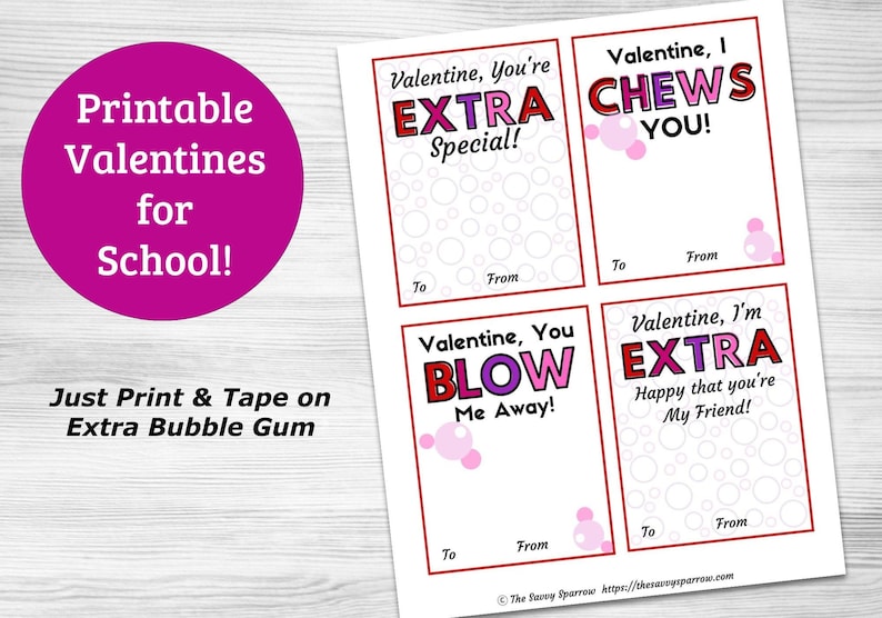 Printable Valentines Cards for Bubble Gum Valentines - Etsy
