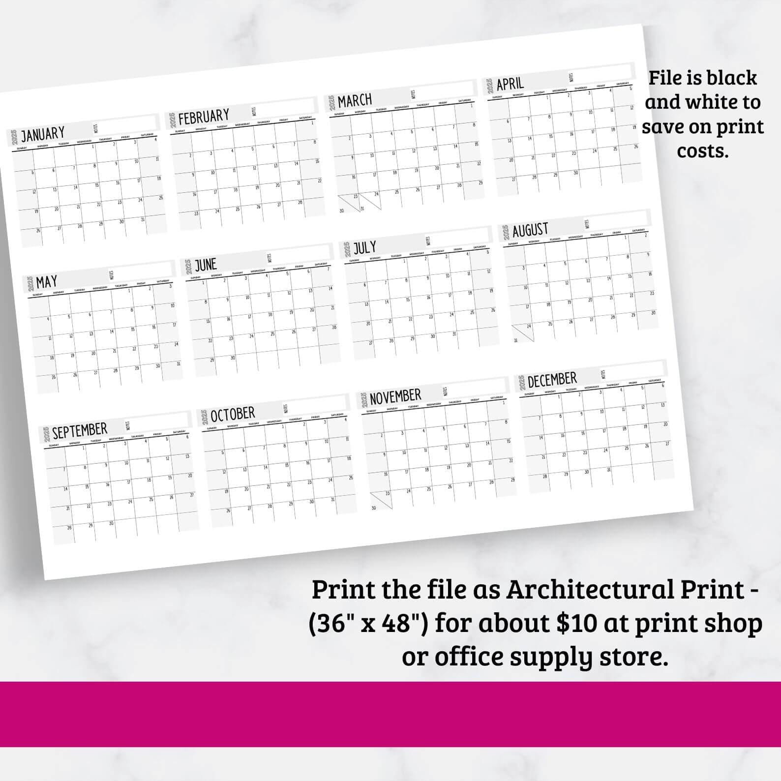 2025 Printable GIANT Year at a Glance Wall Calendar - Giant Wall ...