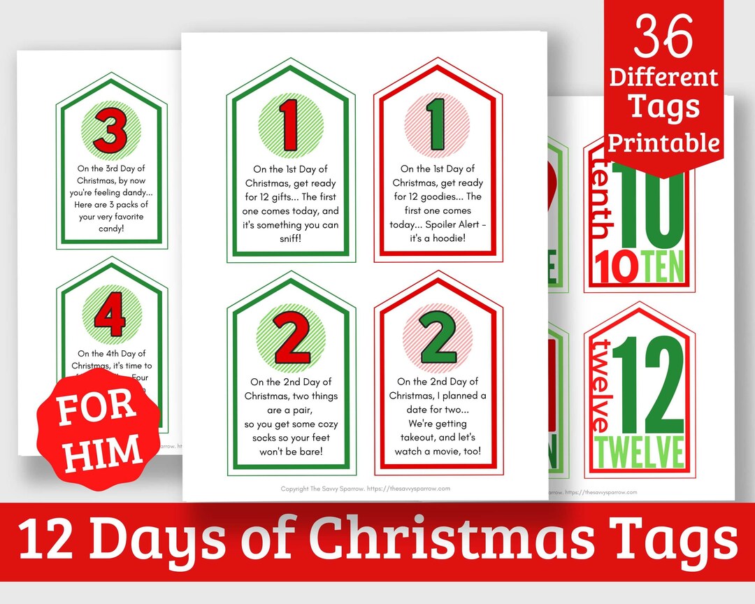 12 Days of Christmas Gift Tags for Him - Printable Gift Tags - 36 ...
