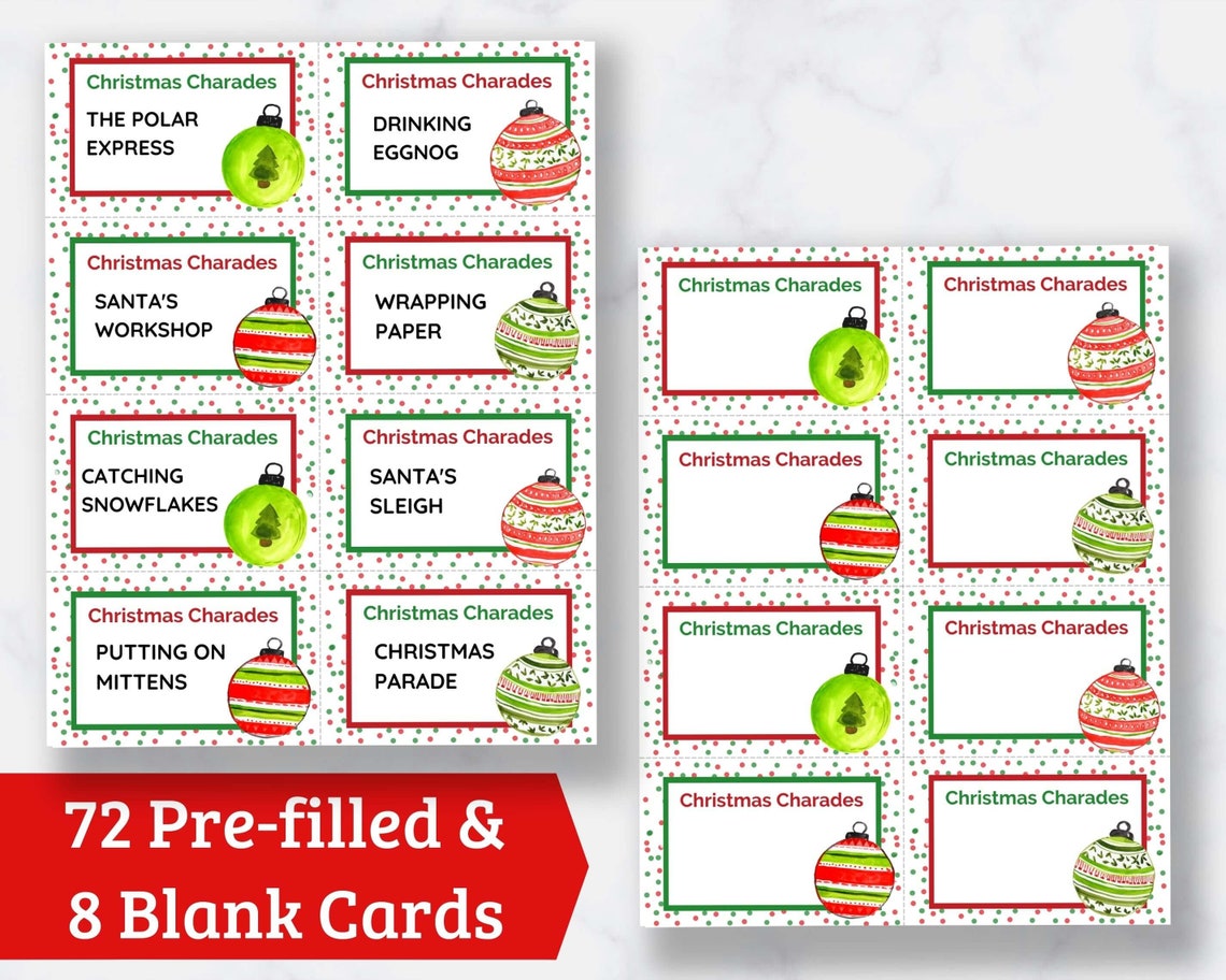 Christmas Charades Printable Cards for Kids and Adults - 72 Pre-filled ...