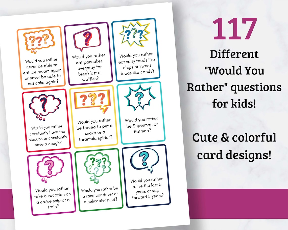 Would You Rather Questions for Kids 117 Printable Cards Fun Road Trip ...