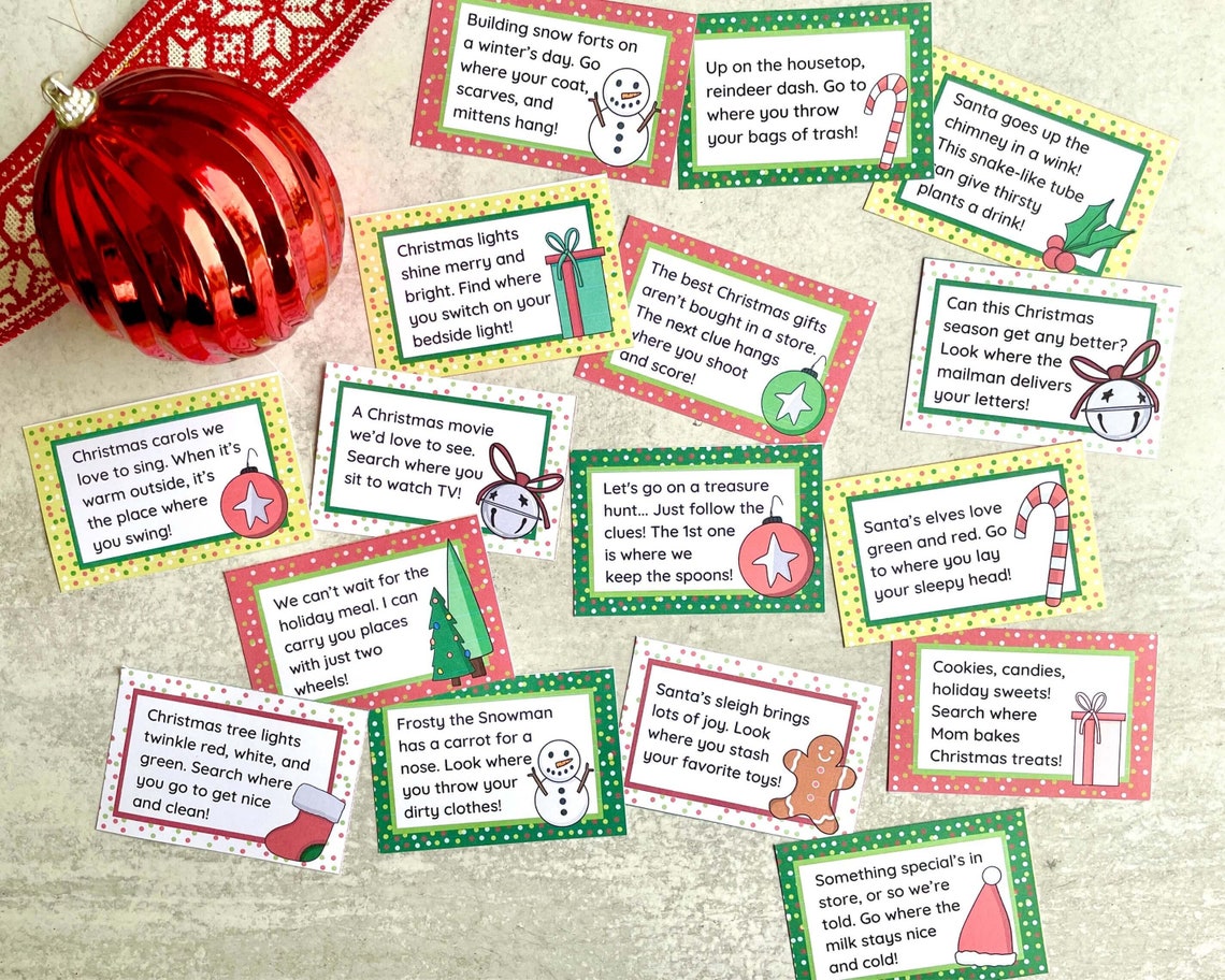 Christmas Scavenger Hunt Clues 32 Printable Rhyming Christmas Treasure ...