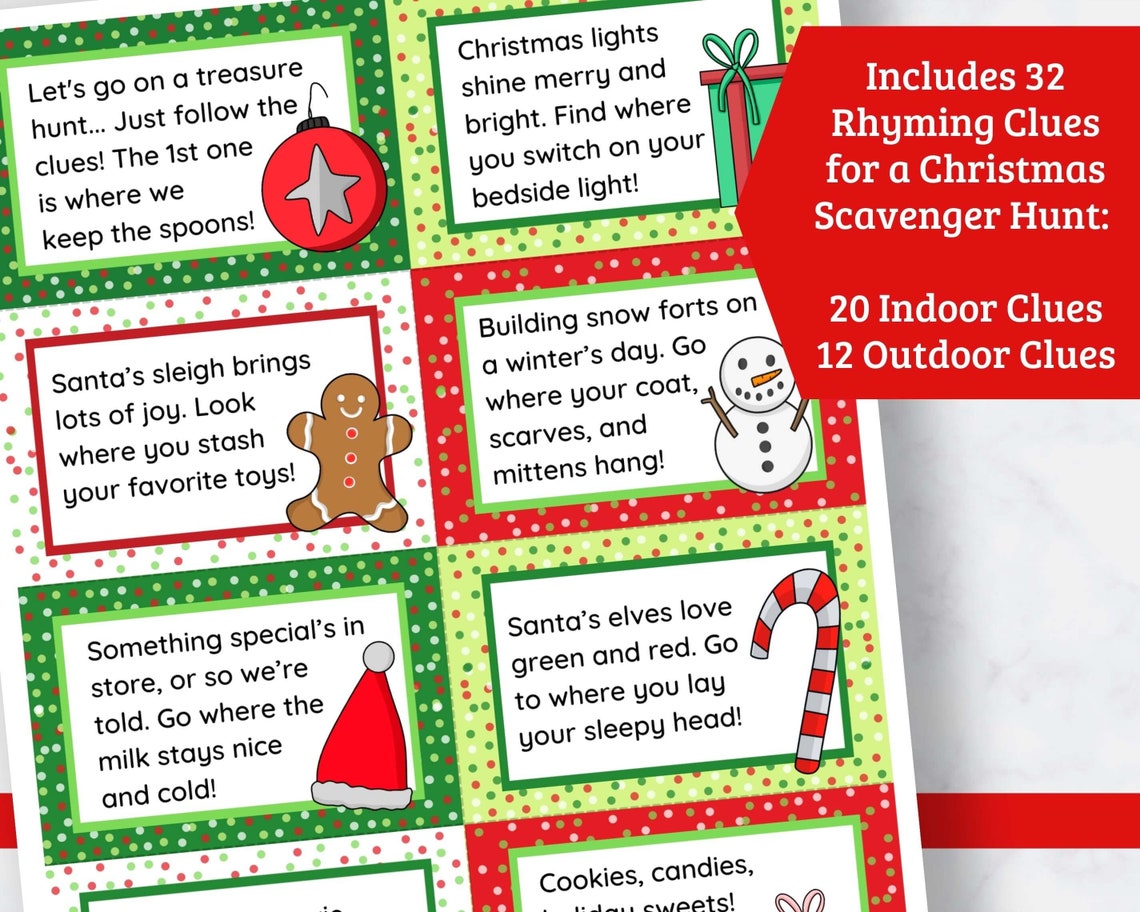 Christmas Scavenger Hunt Clues - 32 Printable Rhyming Christmas ...