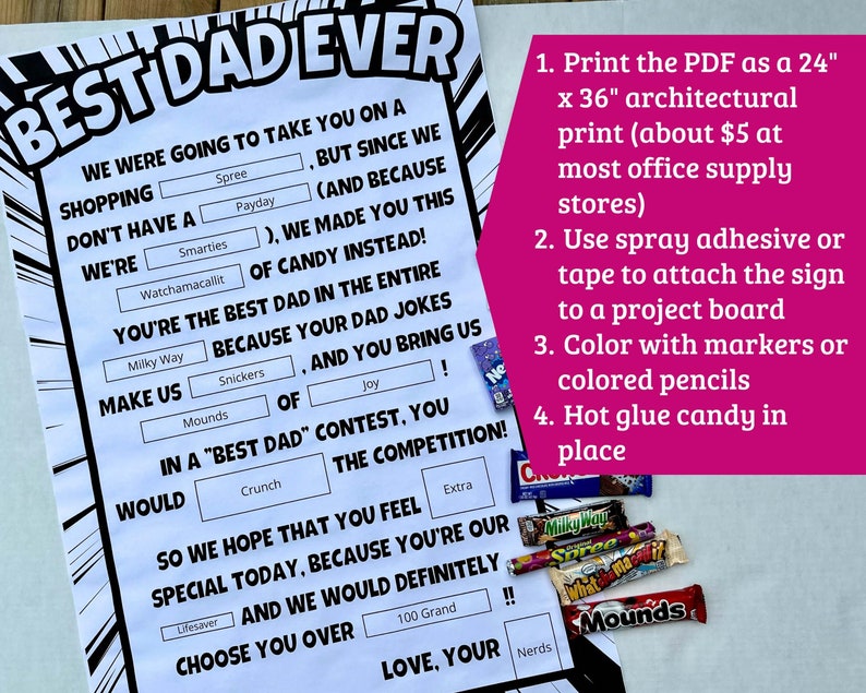 Candy Bar Poster for Dad Father's Day Candy Poster Printable Gift for ...