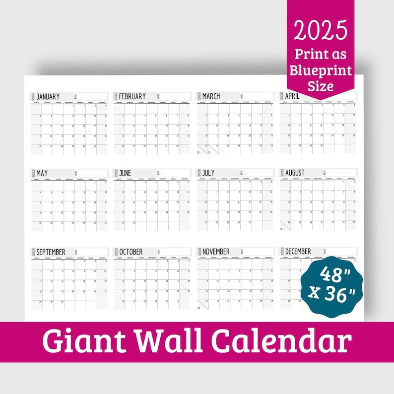 2025 Printable GIANT Year at a Glance Wall Calendar - Giant Wall ...