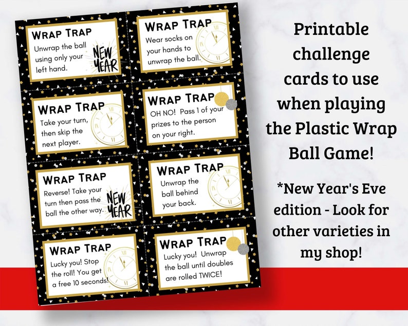 Printable Saran Wrap Ball Game Challenge Cards (new Year's Edition ...