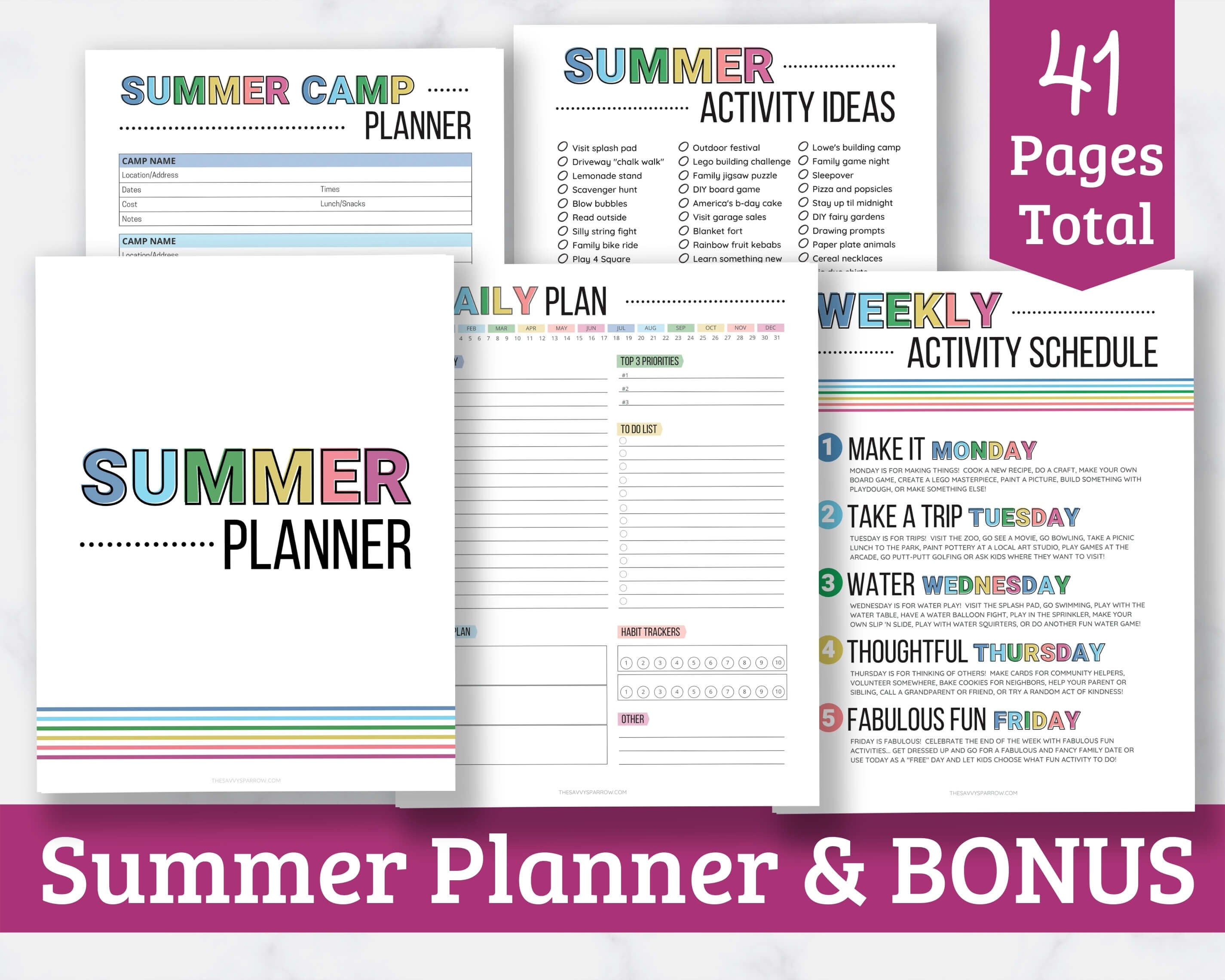 Summer Planner Printable Summer Activity Planner and Bucket Lists BONUS ...