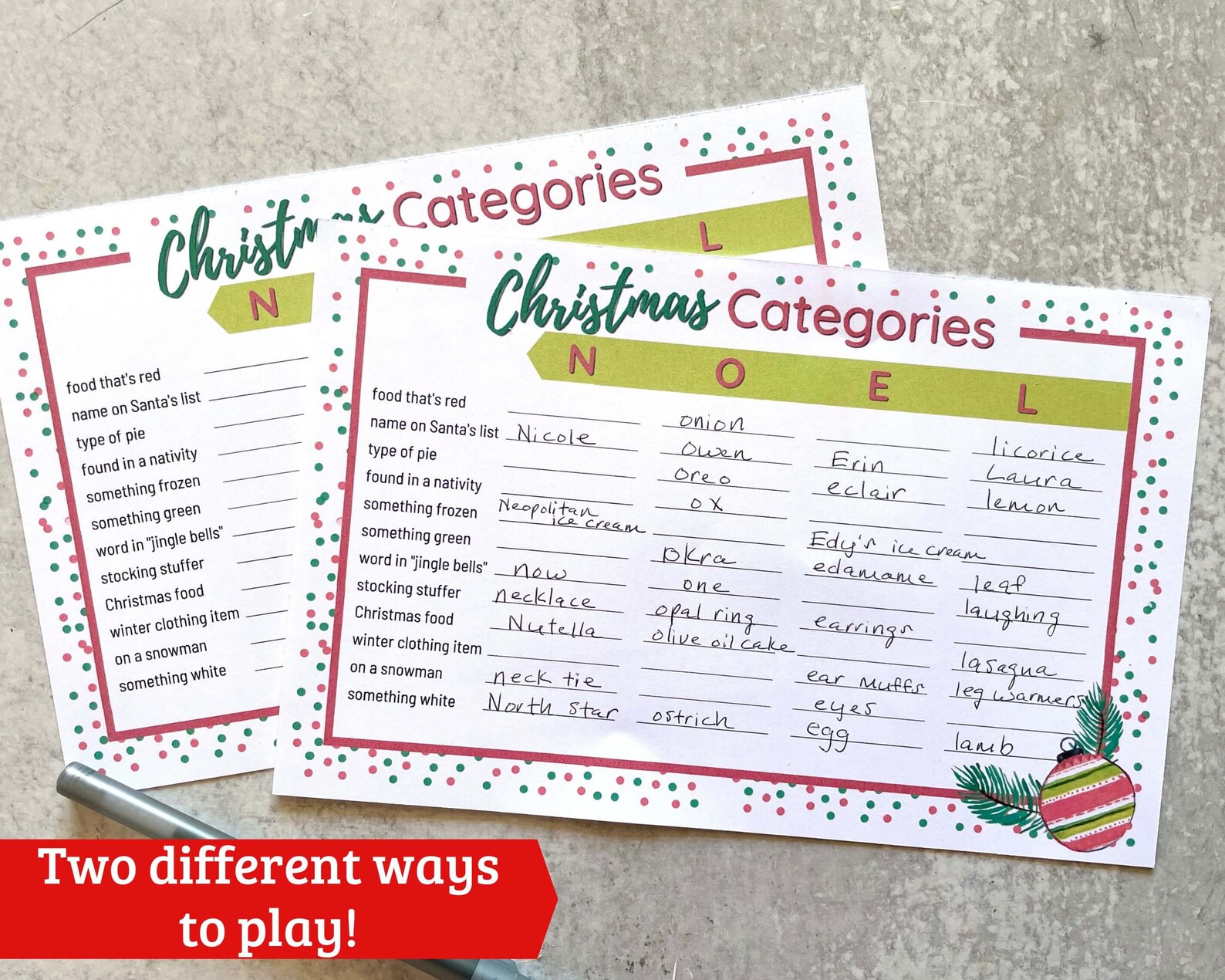 Printable Christmas Scattergories Game Cards Printable Christmas Party ...