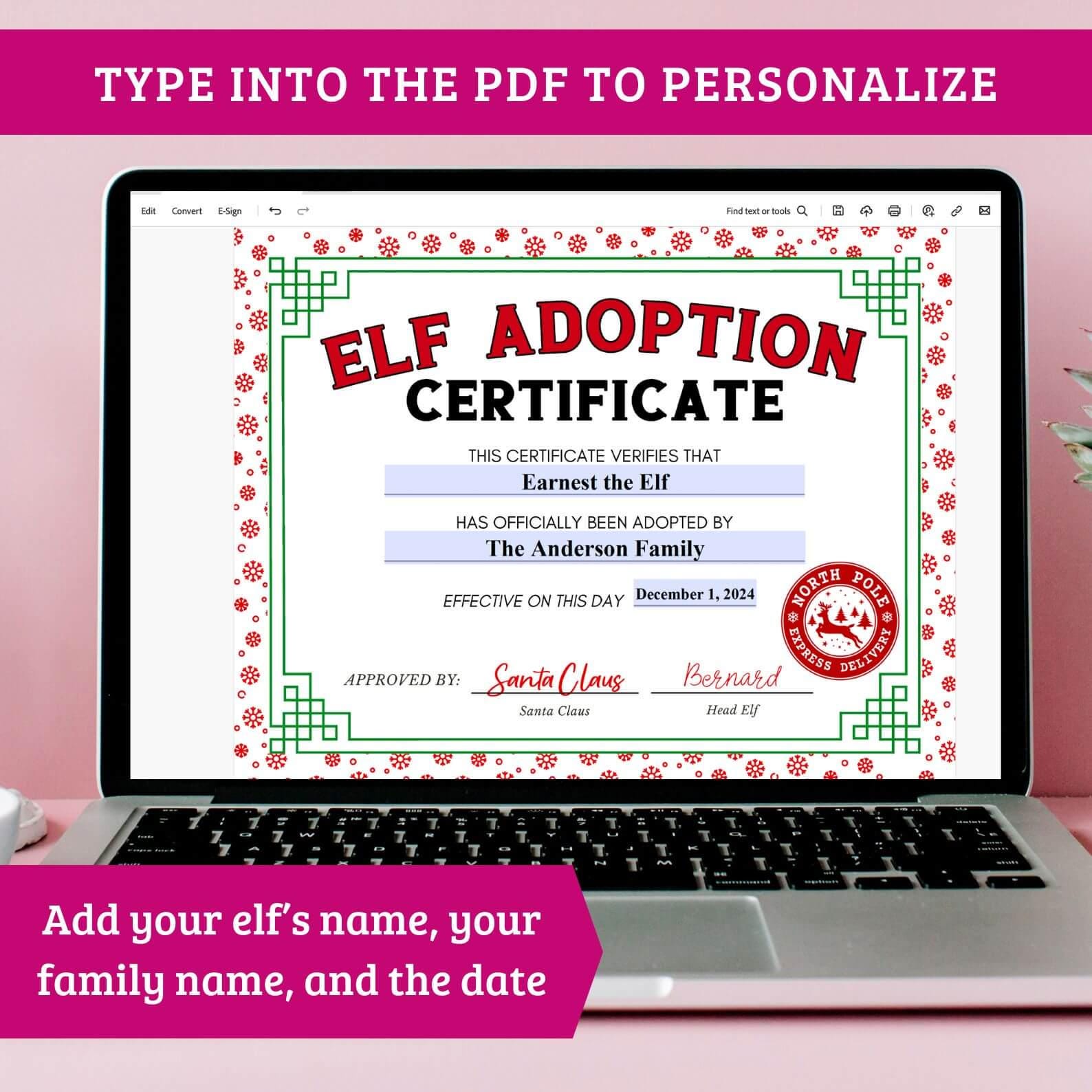 Printable Elf Adoption Certificate Template - Type in It to Customize ...