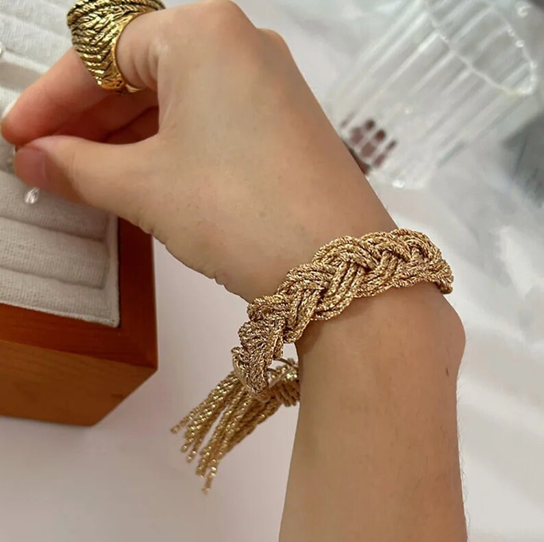 Luxury Braided Gold Rope Bracelet, Fringe Tassel Bracelet, Braided Gold ...