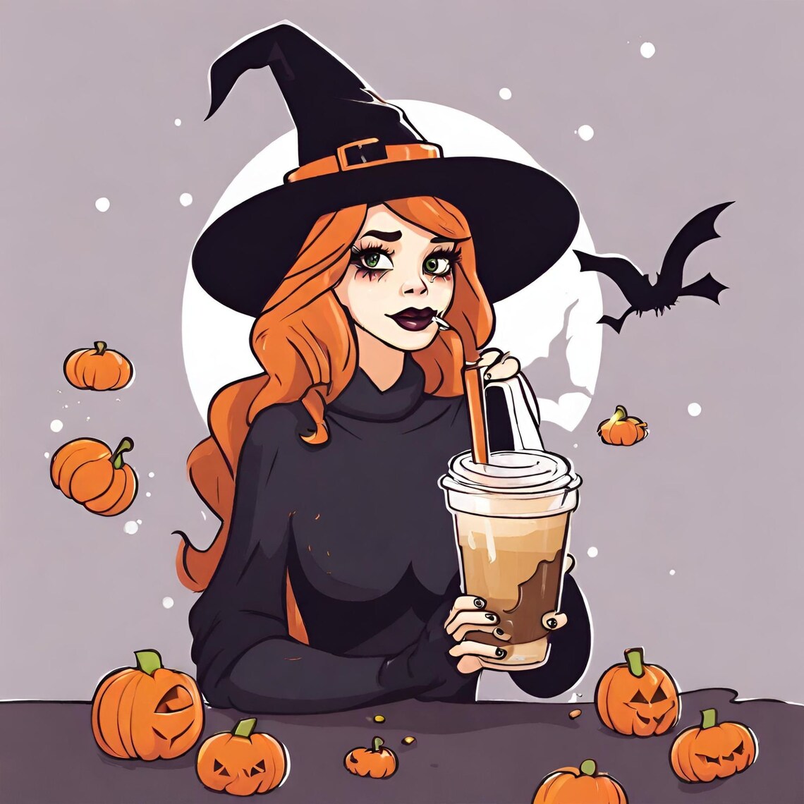 Halloween Digital Art Ghost Witch Skeleton With Iced Coffee | 12 Images ...