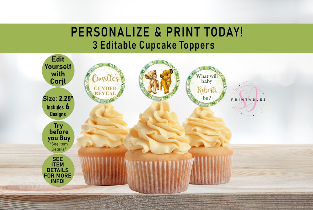 Simba and Nala Gender Reveal EDITABLE Cupcake Toppers, Lion King ...