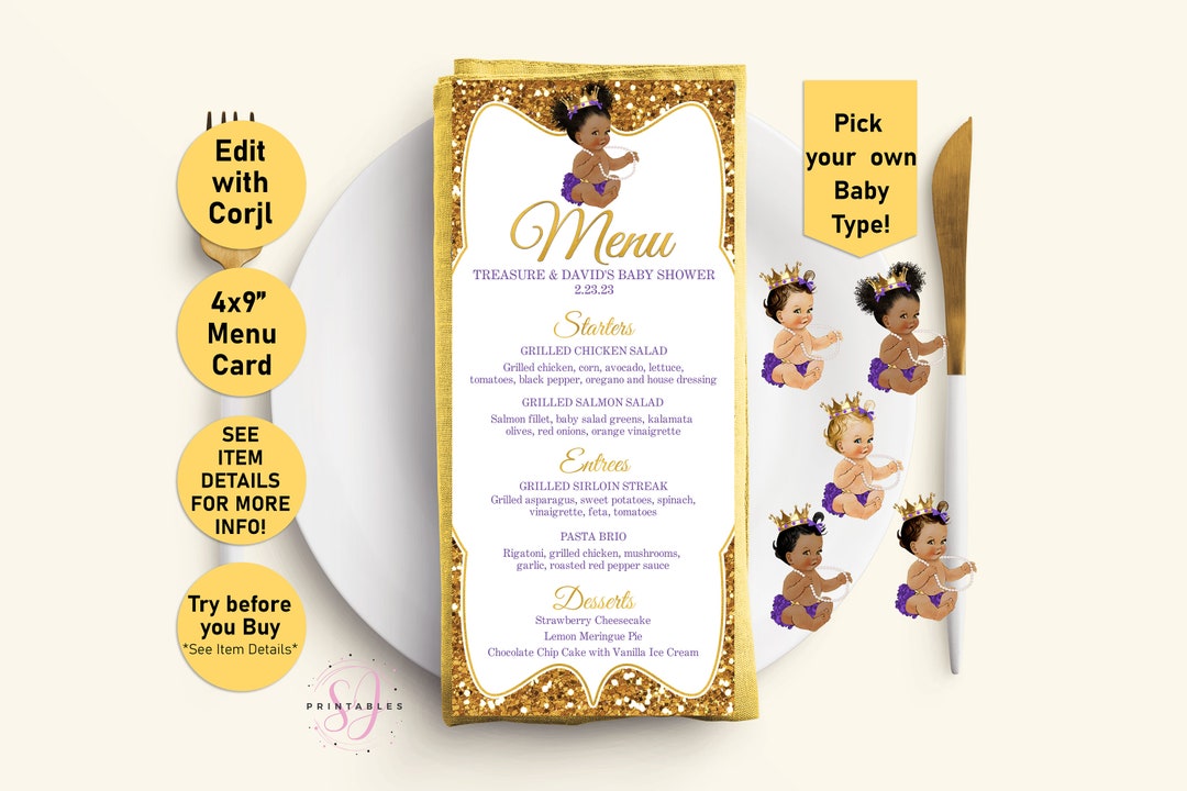 Royal Purple Gold Baby Shower Menu, Princess Baby Shower Menu, Gold ... Royal Purple Gold Baby Shower Menu, Princess Baby Shower Menu, Gold ...