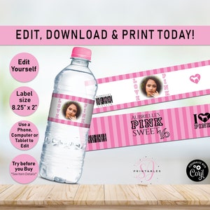 VS Dark PINK Birthday Water Bottle Labels, Water Labels, Party Favor ...