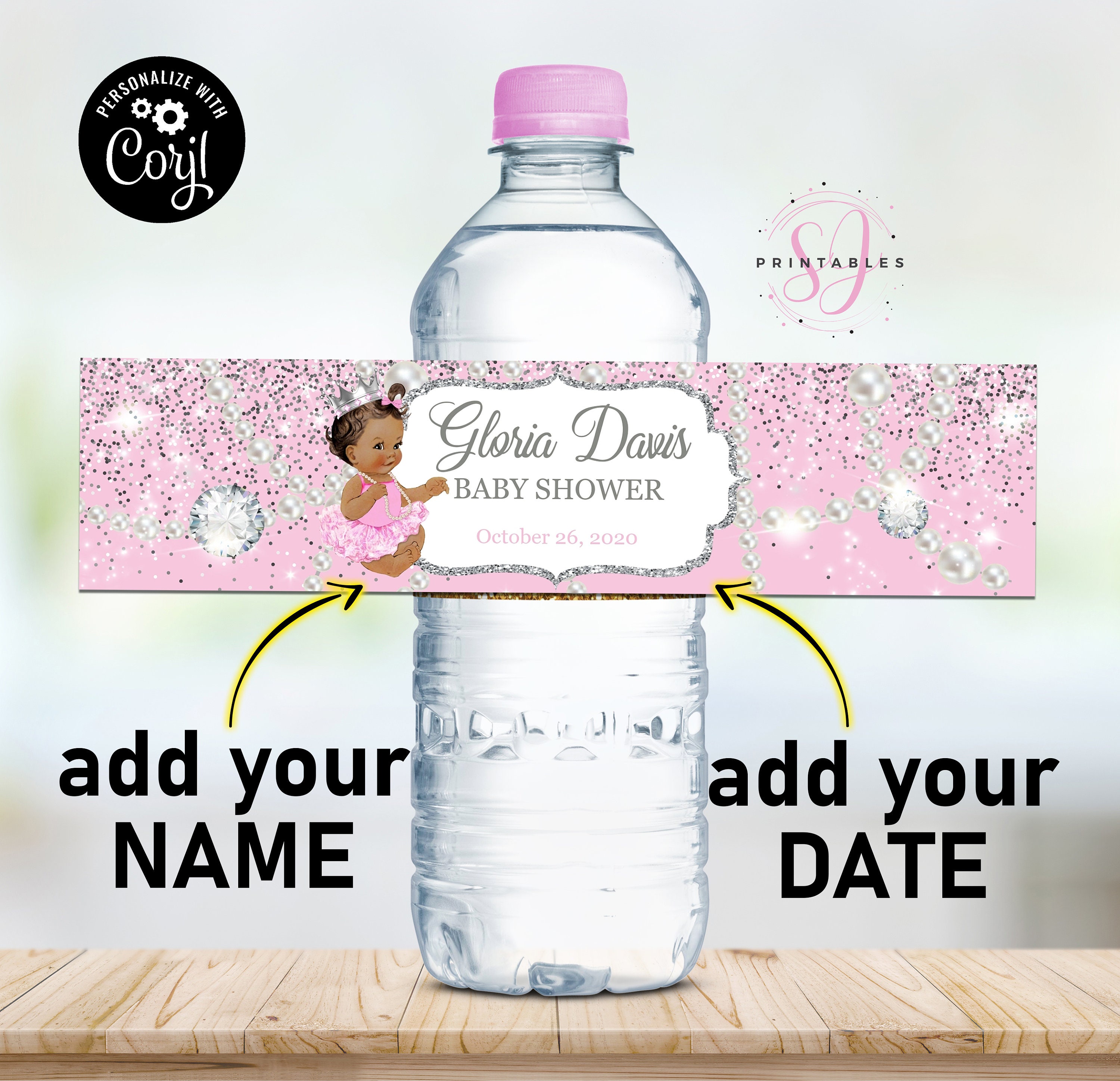 Glitter & Pearls Pink Water Labels, Girl Water Bottle Labels, Silver ...