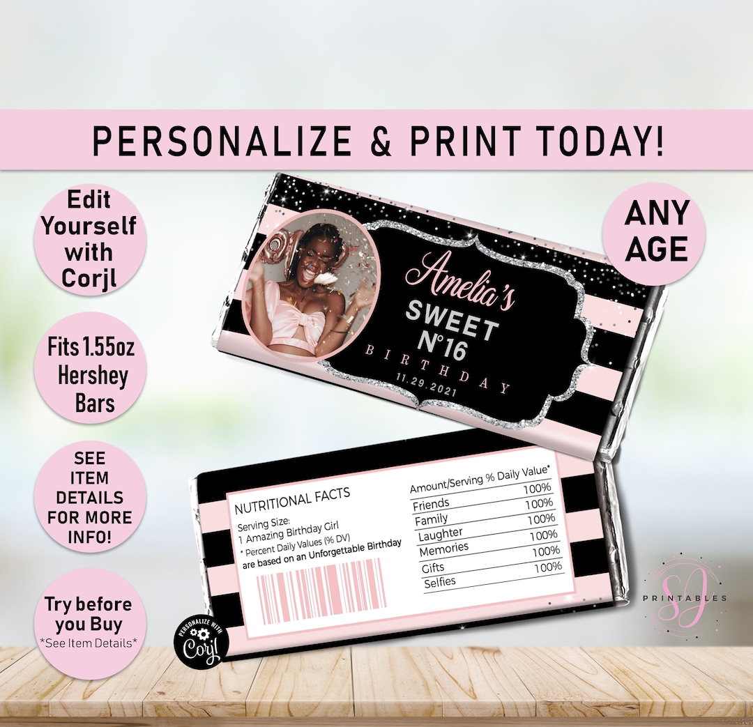 ANY AGE Designer Birthday Hershey Candy Bar Wrappers, Pink Black Silver ...