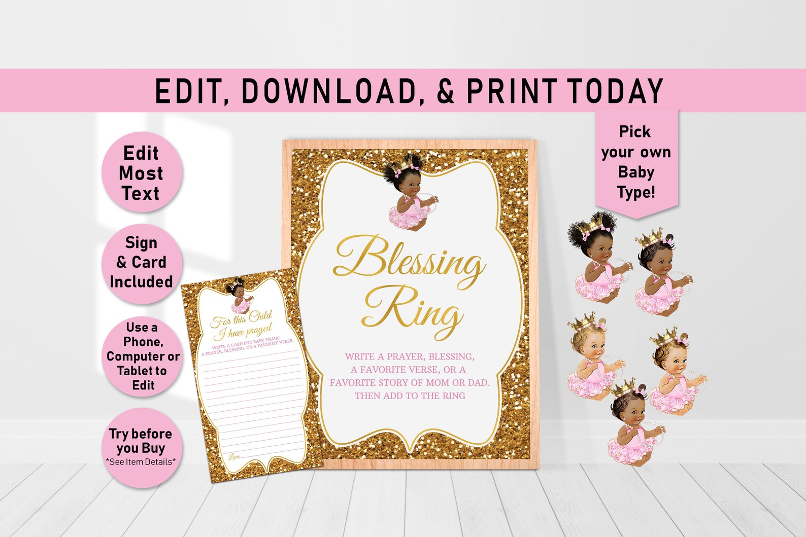 Pink & Gold Princess Blessing Ring Sign and Cards Blessing - Etsy