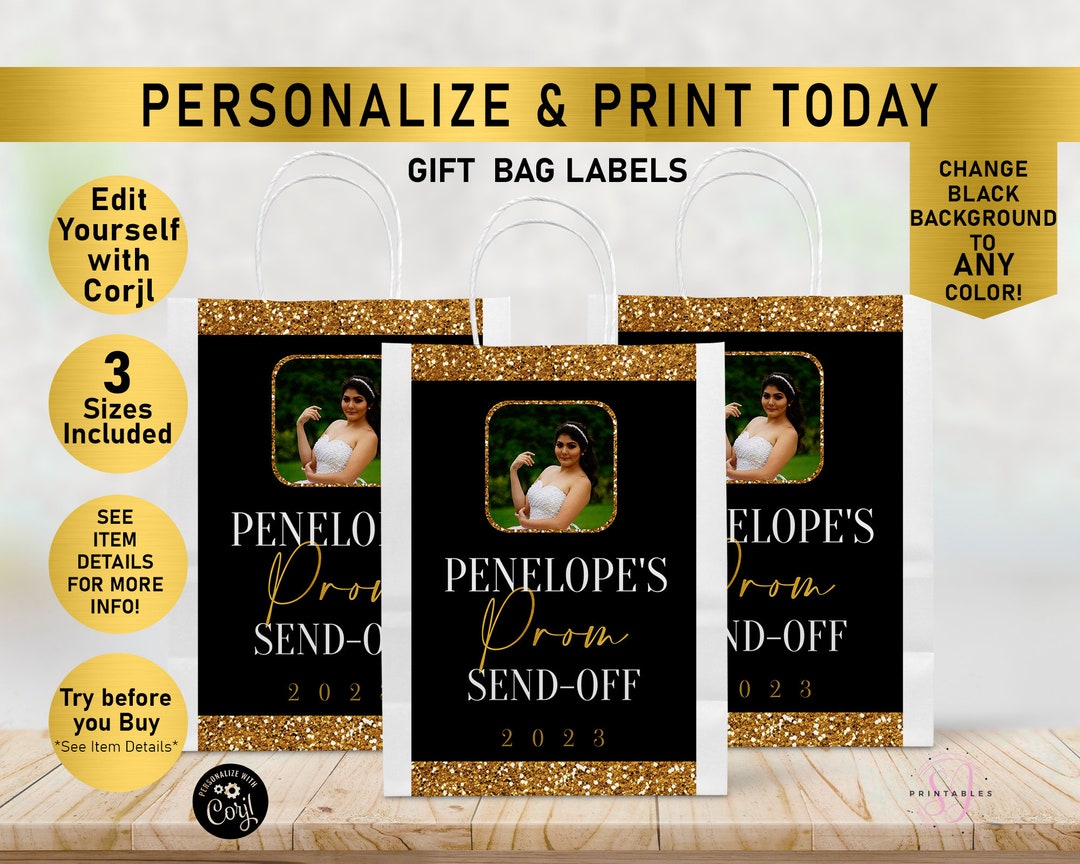 PROM Send-off, Gold Glitter and ANY Color Prom Send off Gift Bag Labels ...