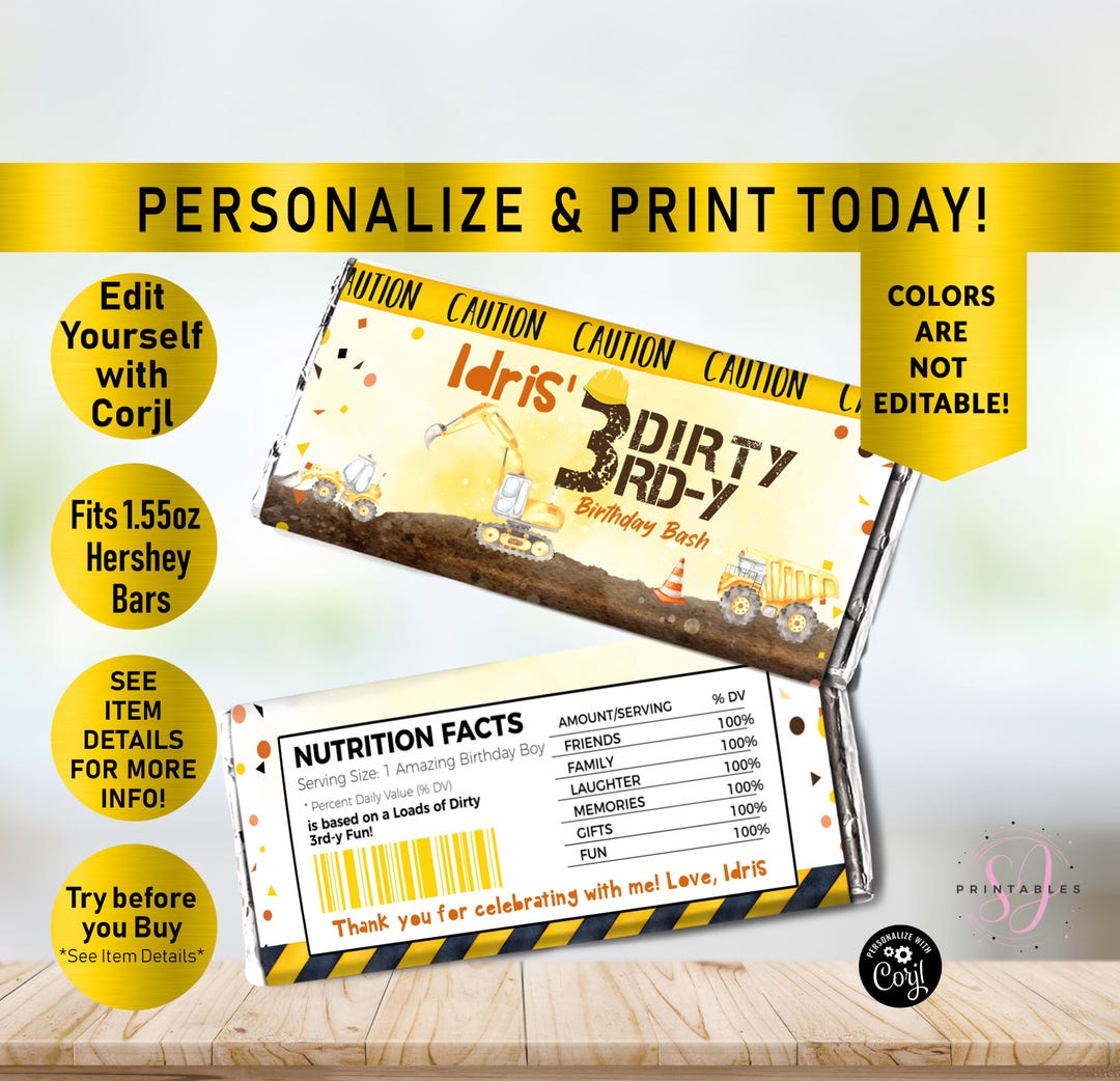 Construction Birthday Hershey Candy Bar Wrapper, Dirty 3rdy Candy ...