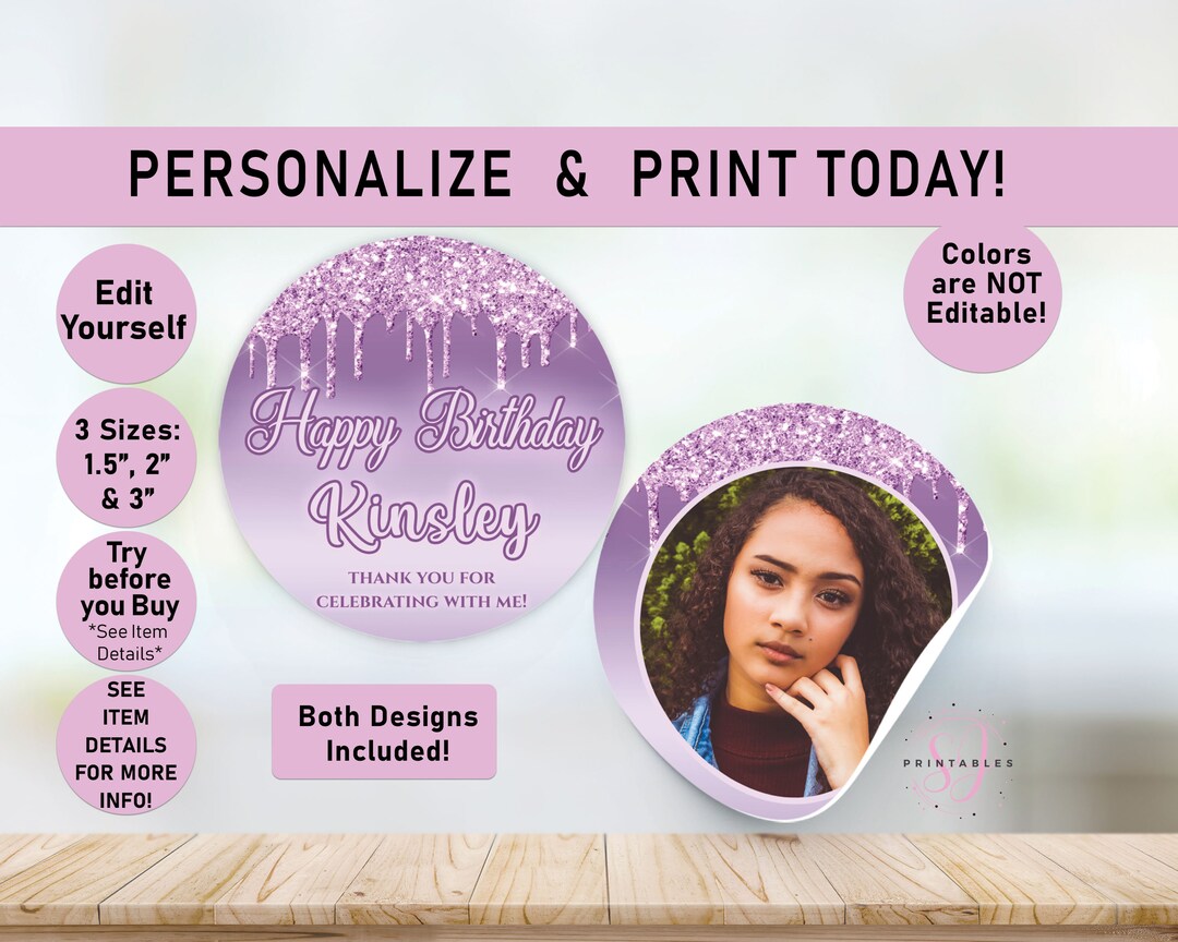 Printable Stickers, Lavender Drip Glitter Birthday Birthday Favor ...