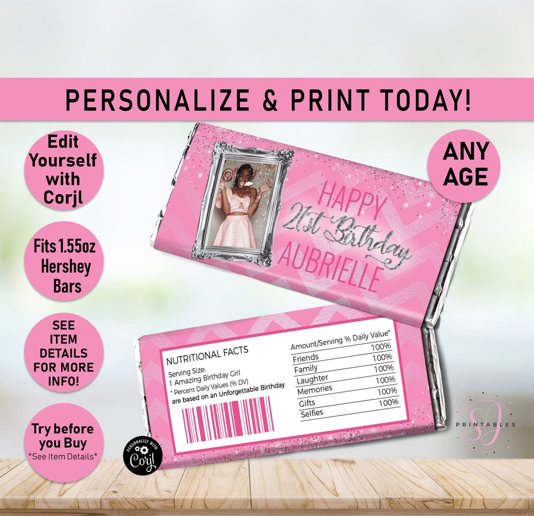 Shimmery Silver Glitter and Pink Birthday Hershey Candy Bar Wrappers ...