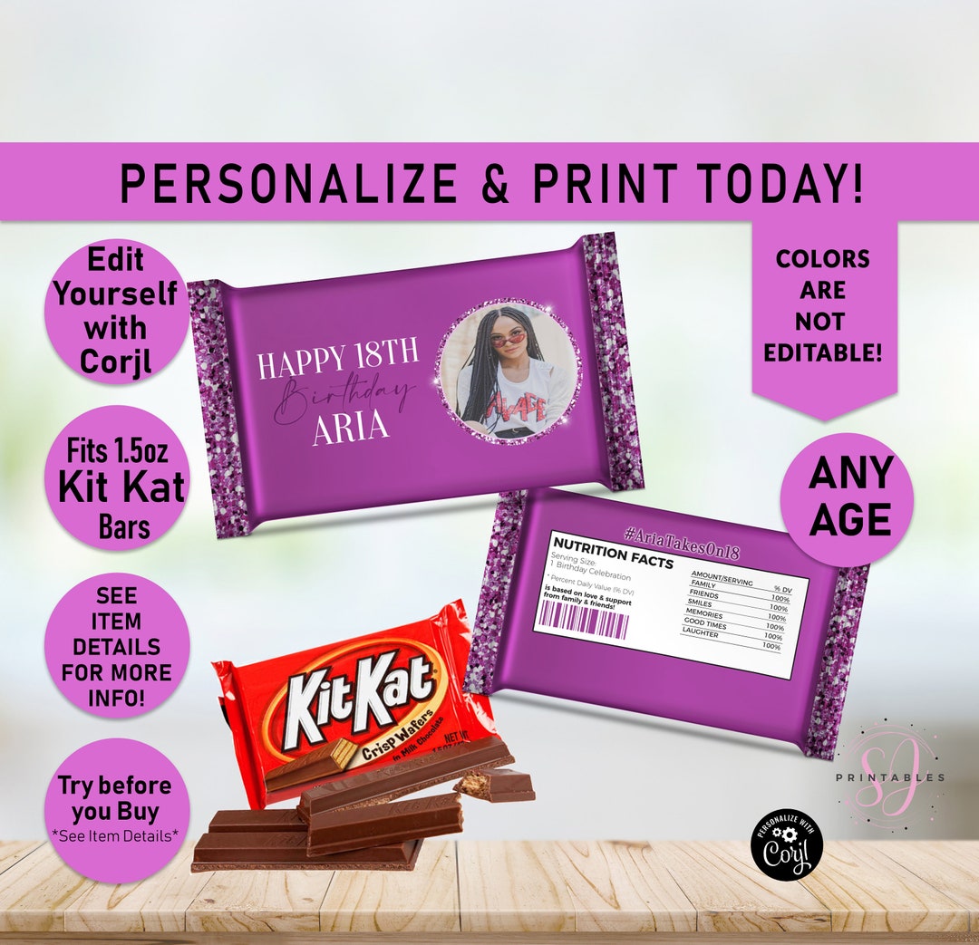 Kit Kat Candy Bar Wrappers, Purple on Purple Glitter ANY AGE Kit Kat ...
