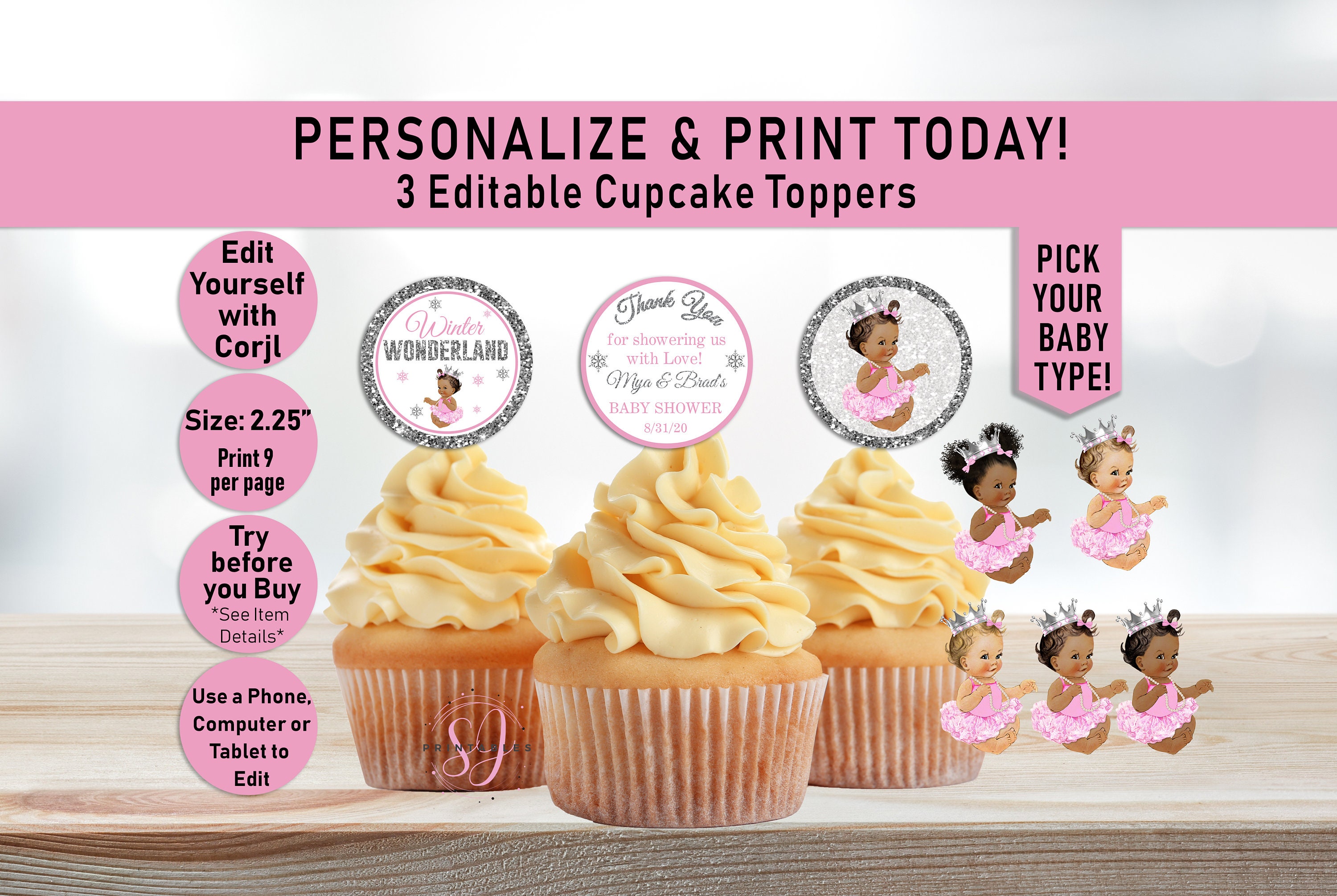 Winter Wonderland EDITABLE Pink and Silver Cupcake Toppers,girl ...