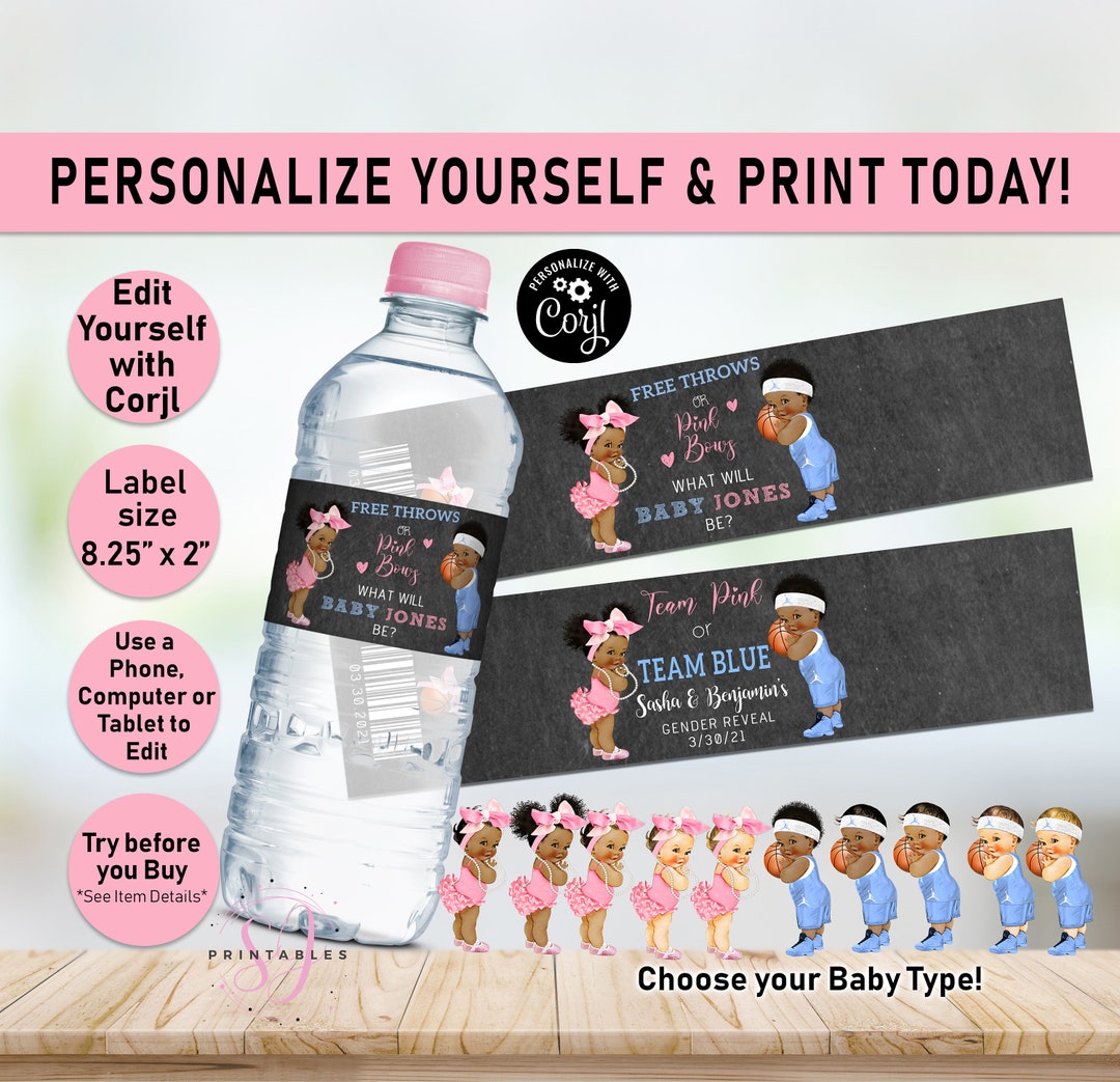 Basketball Gender Reveal Baby Water Labels, Free Throws or Pink Bows ...